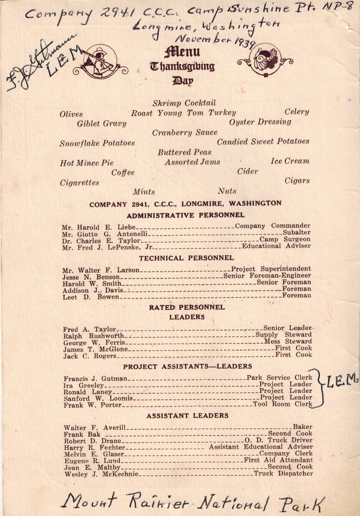 Menu, Thanksgiving Menu and Roster, 1939, Company 2941, Camp NP-8, Camp ...